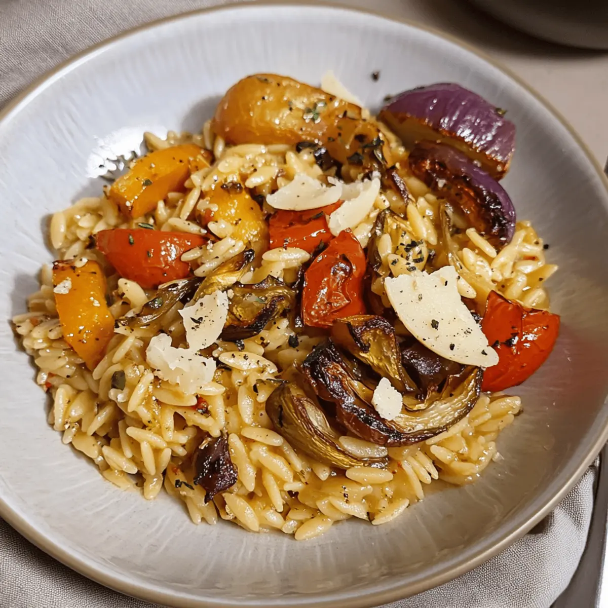 Easy Delicious Creamy Orzo Risotto with Roasted Vegetables